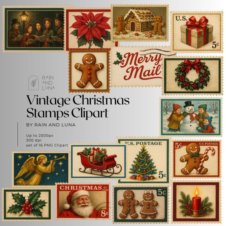 Vintage Christmas Stamps Clipart PNG Bundle - Etsy