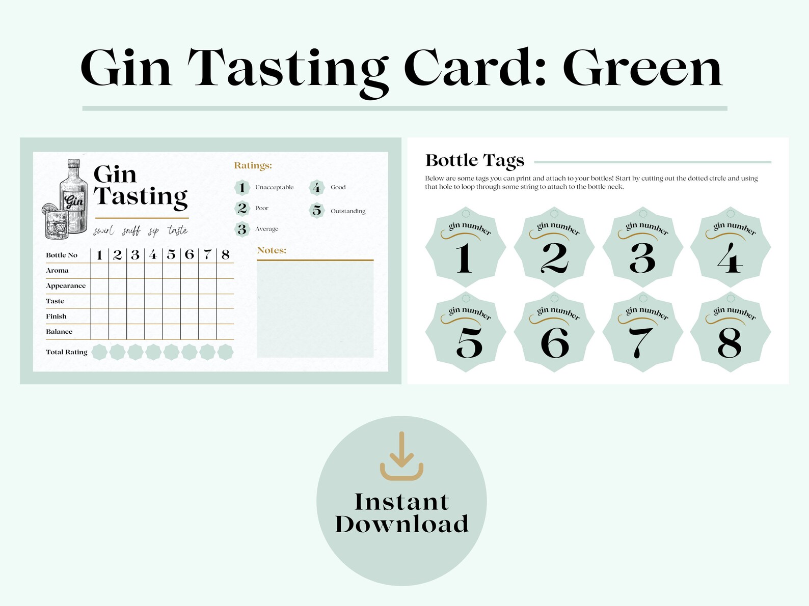 Gin Tasting Cards | Instant Download | Green | Printable Scorecards ...