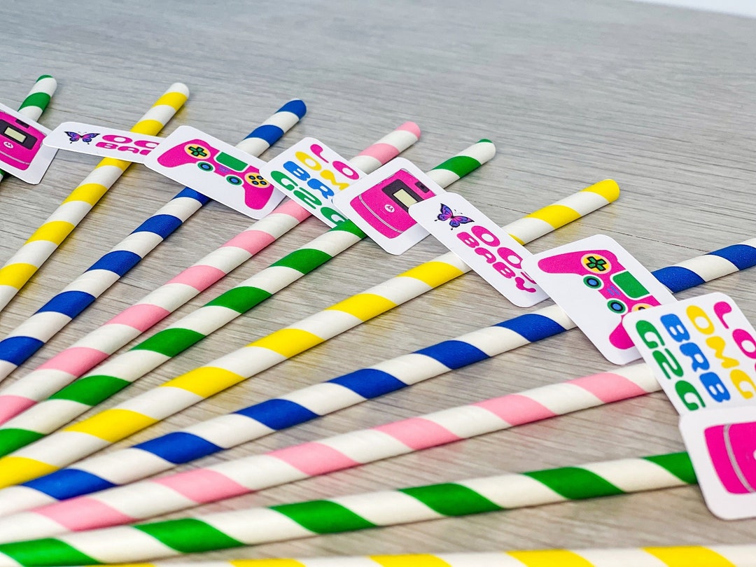 2000s Party Paper Straws | 12 Pack | Striped Blue Yellow Green Pink ...