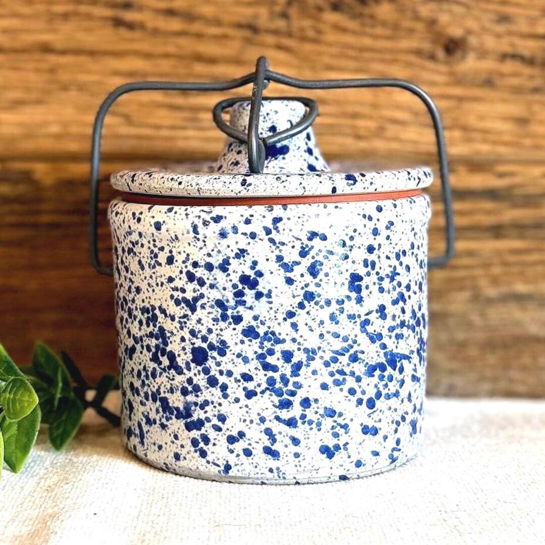 Small Vintage Blue Speckled Stoneware Crock, Locking Wire Lid, Butter ...