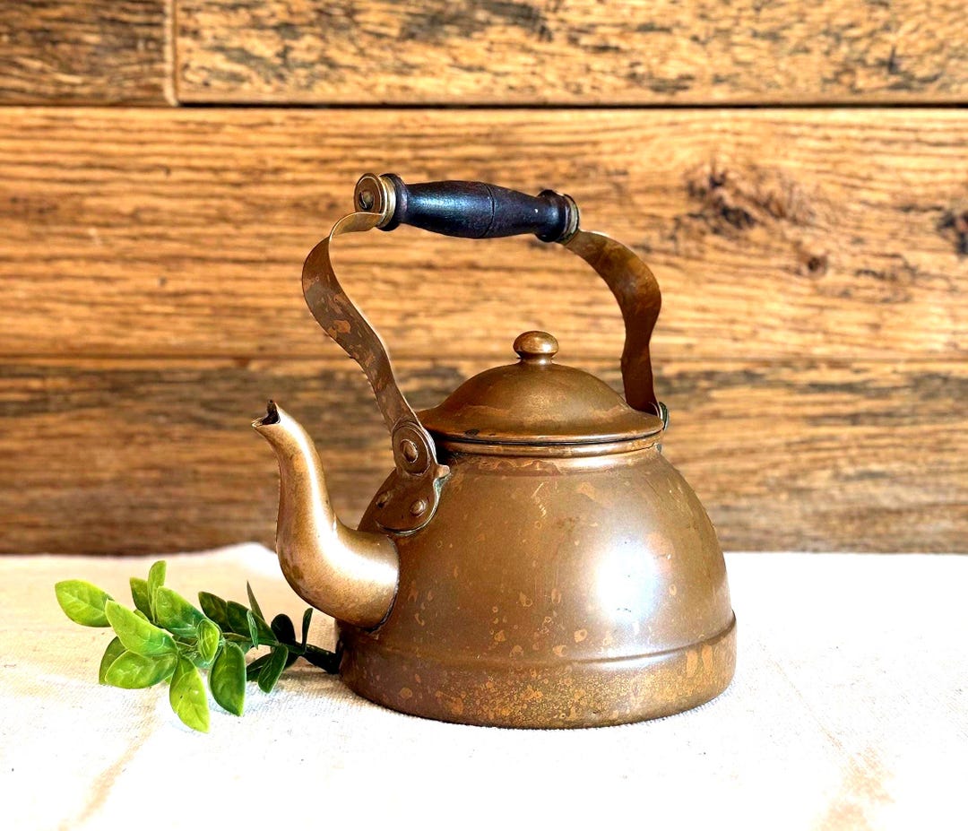 Copper Tea Kettle, Wood Handle, Vintage, Primitive Rustic Farmhouse ...