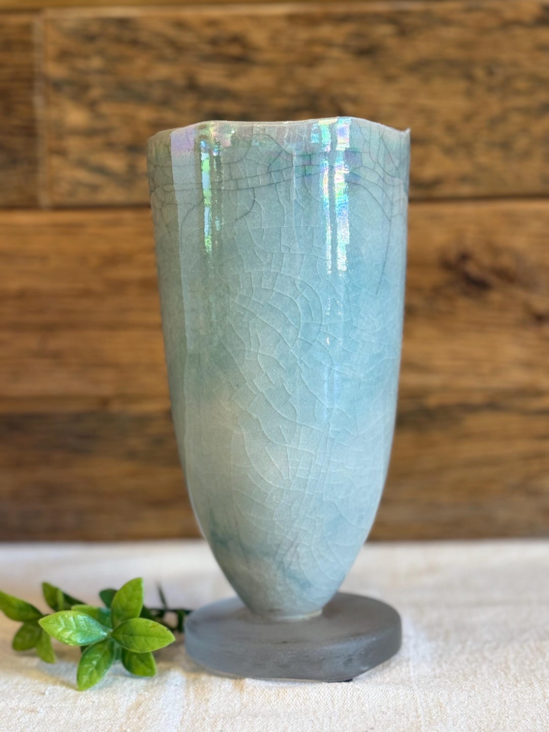 Hand Built Studio Pottery Vase With Frosted Glass Base, Light Teal ...