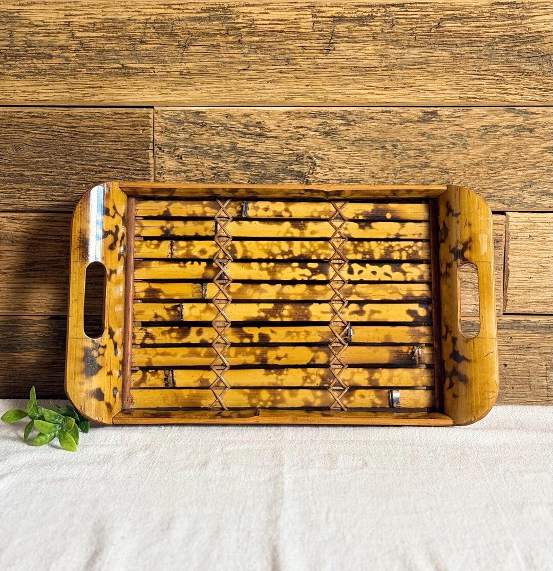 Vintage Tortoiseshell Split Bamboo Tray, Surving Tray With Handles ...