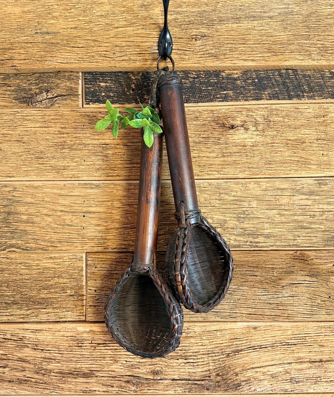 Vintage Handwoven Bamboo & Wicker Ladles - Set of 2 Rustic Kitchen ...