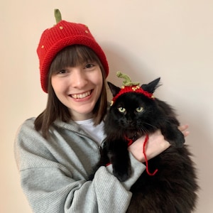 MATCHING SET - Hand Knitted Strawberry Cat Hat With 2 Matching Hats for ...