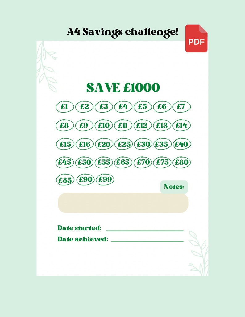 Save 1000 Pound Savings Challenge Printable A4 PDF Save - Etsy