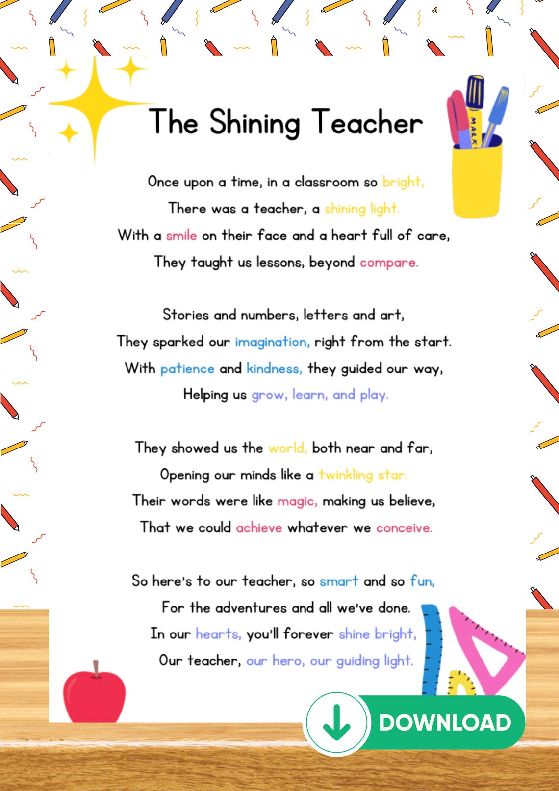 Shining Teacher Poem Printable: Heartfelt Teacher Appreciation Gift ...