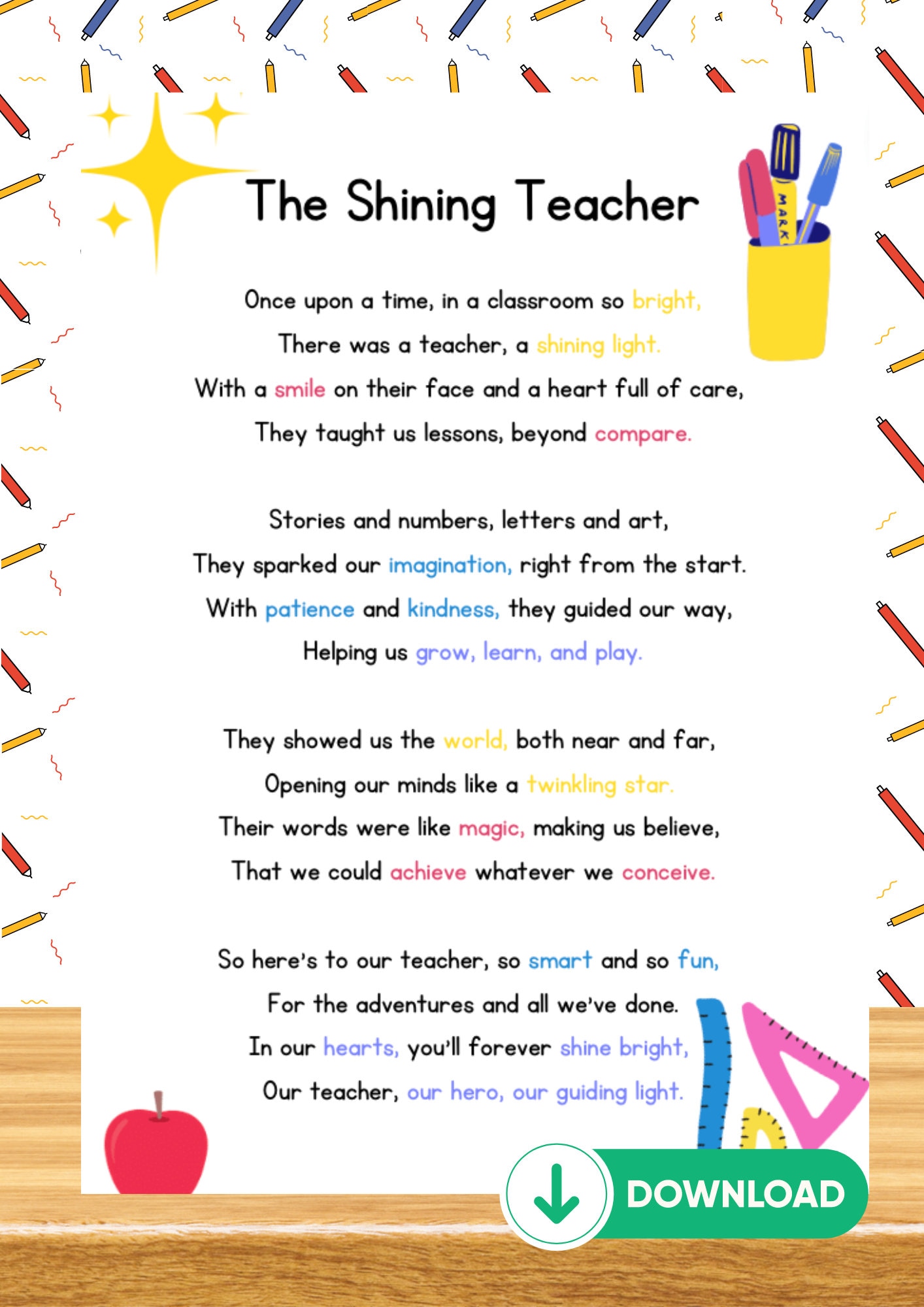 Shining Teacher Poem Printable: Heartfelt Teacher Appreciation Gift ...