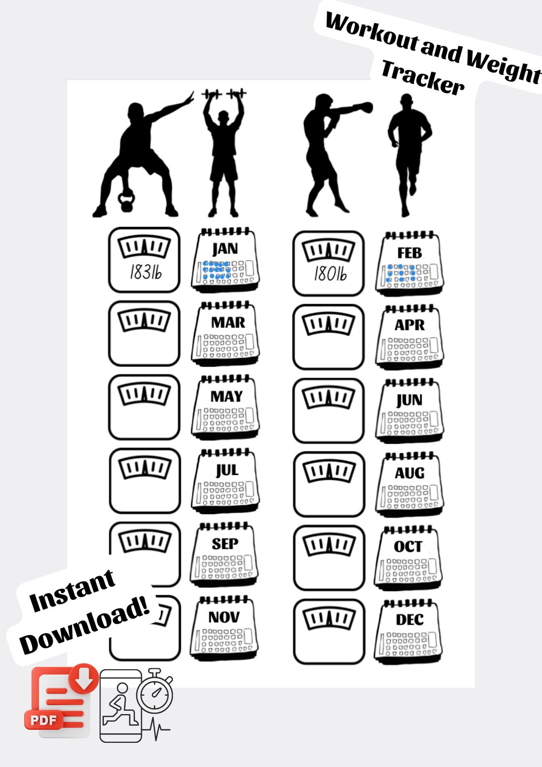 Fitness Printable Workout Tracker, Daily Exercise Log, Monthly Weight ...