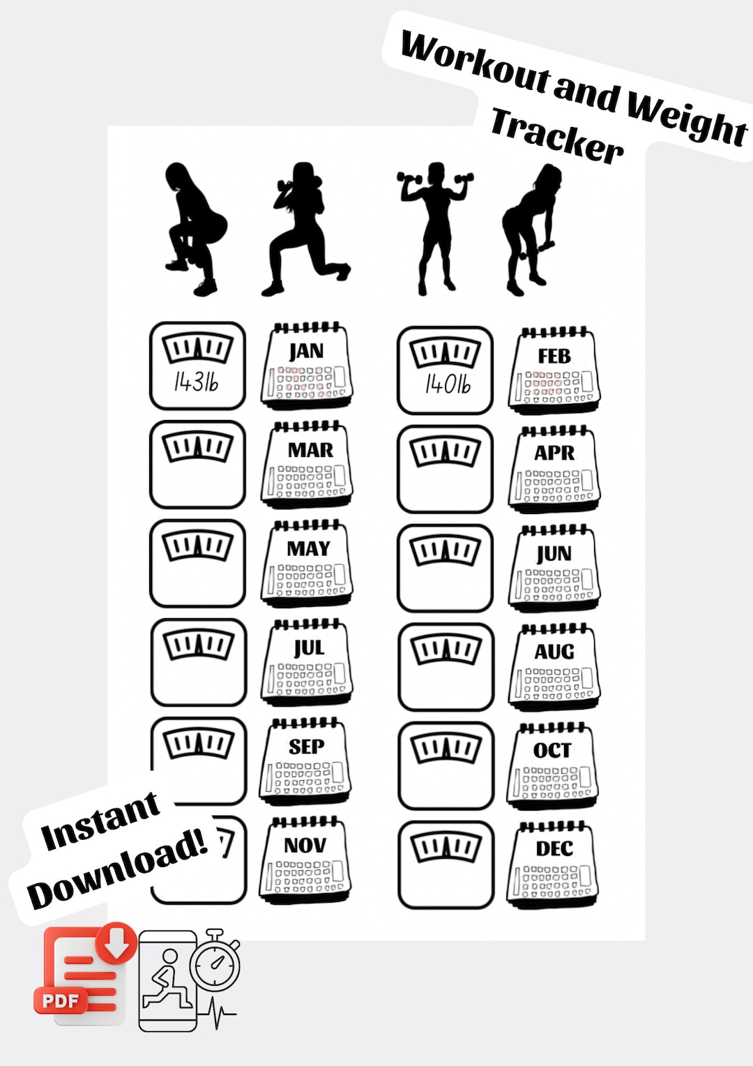 Fitness Printable Workout Tracker, Daily Exercise Log, Monthly Weight ...