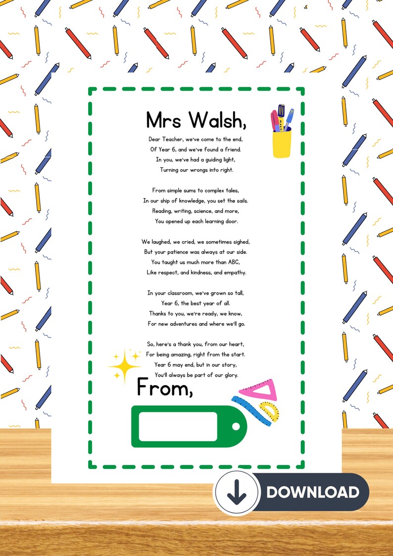 Personalised Thank You Poem for Teacher From Student Year 6 Leavers ...