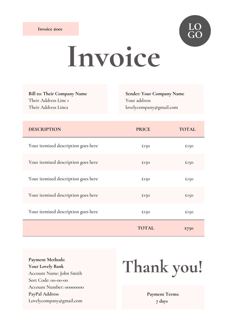 Invoice Template Custom Invoice Form Business Edit on Canva - Etsy