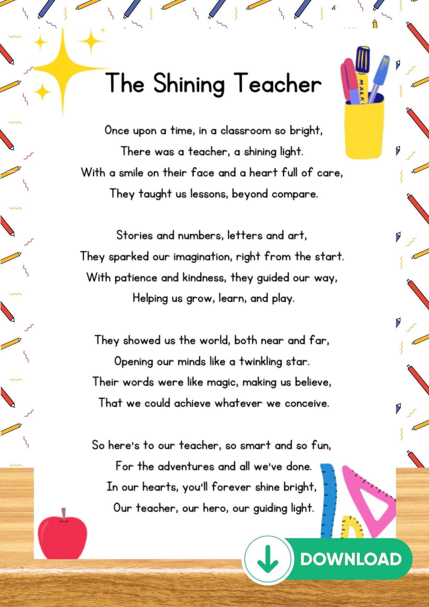 Shining Teacher Poem Printable: Heartfelt Teacher Appreciation Gift ...