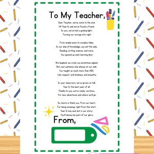 Personalised Thank You Poem for Teacher From Student Year 6 Leavers ...