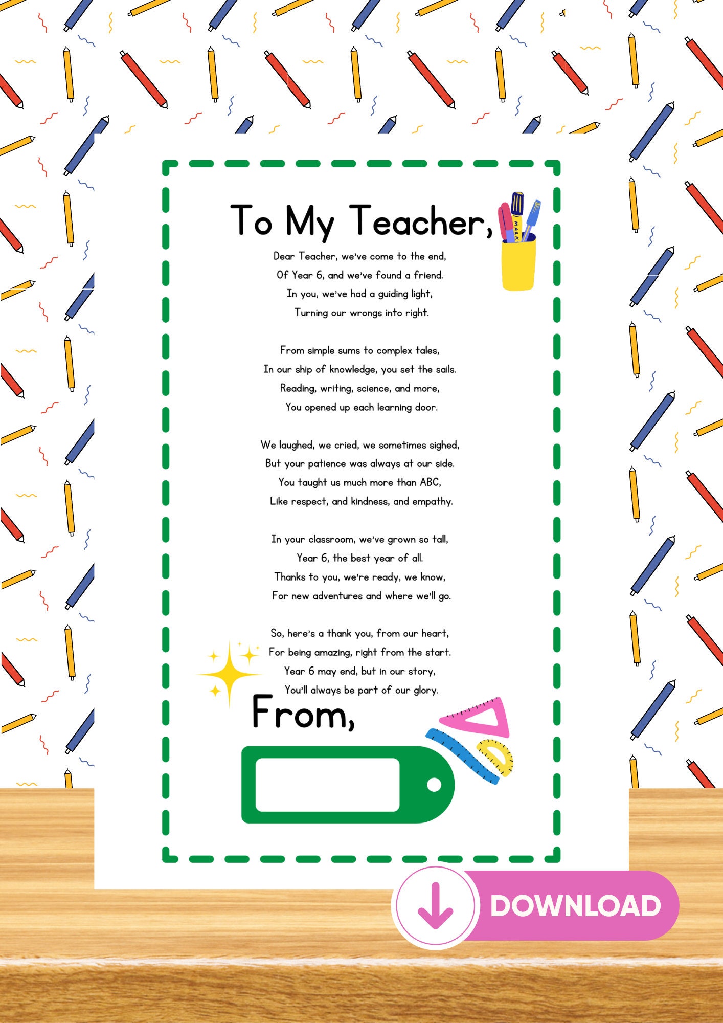 Personalised Thank You Poem for Teacher From Student Year 6 Leavers ...