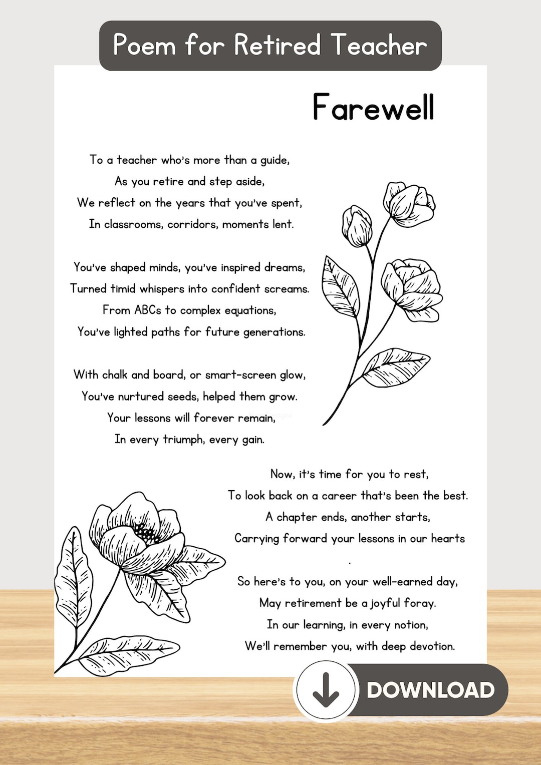 Printable Teacher Retirement Gift Retiring Teacher Poem Digital Wall ...