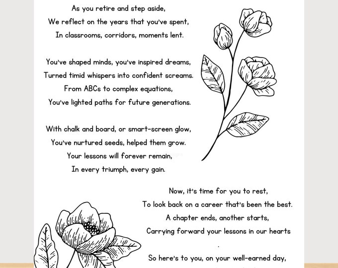 Printable Teacher Retirement Gift - Retiring Teacher Poem Digital Wall ...