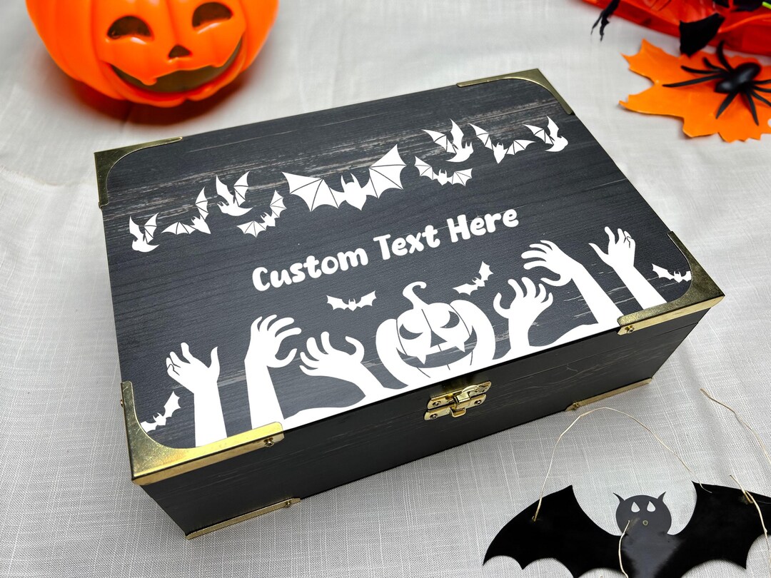Custom Halloween Wooden Gift Box With Bats & Pumpkin Design ...