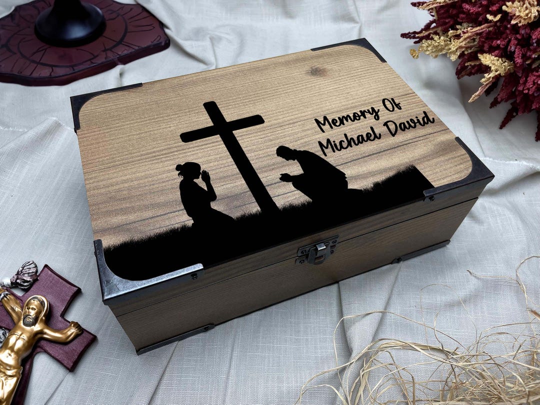 Personalized Funeral Memory Box With Cross Silhouette - Custom Wooden ...