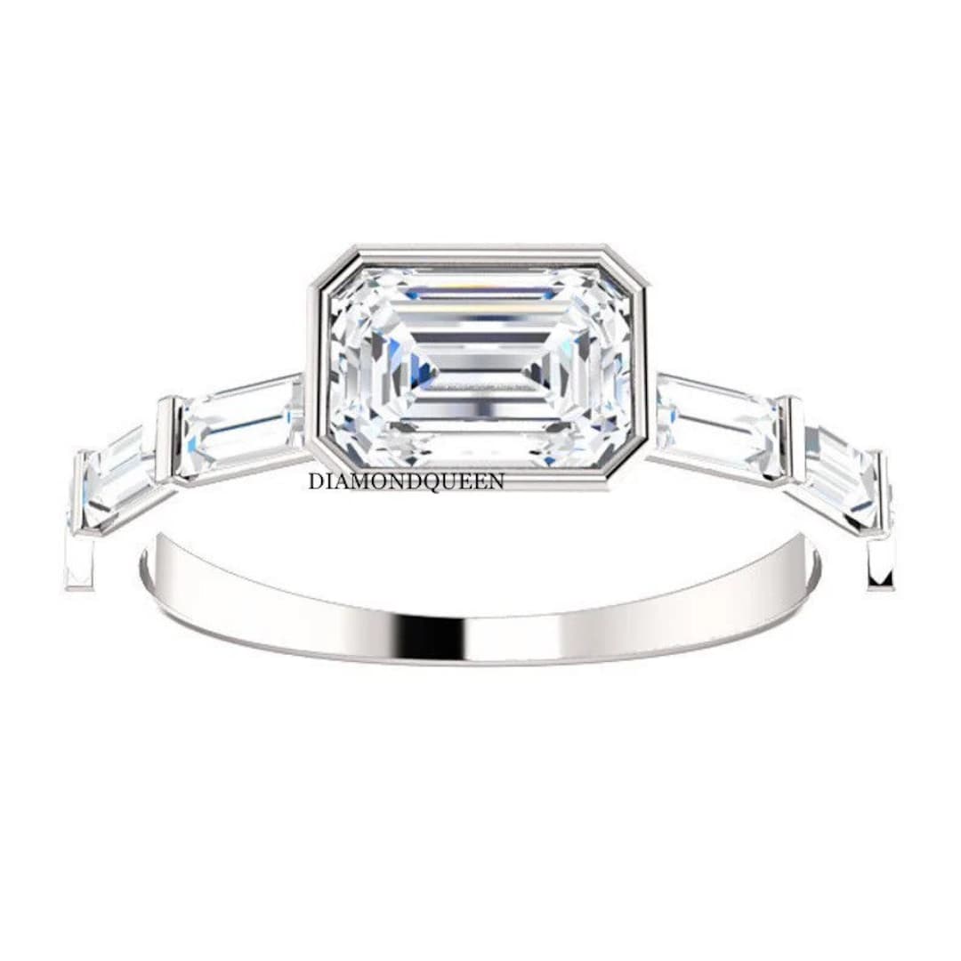 East West Emerald Cut Engagement Ring, 14k White Gold Bezel Set Emerald ...