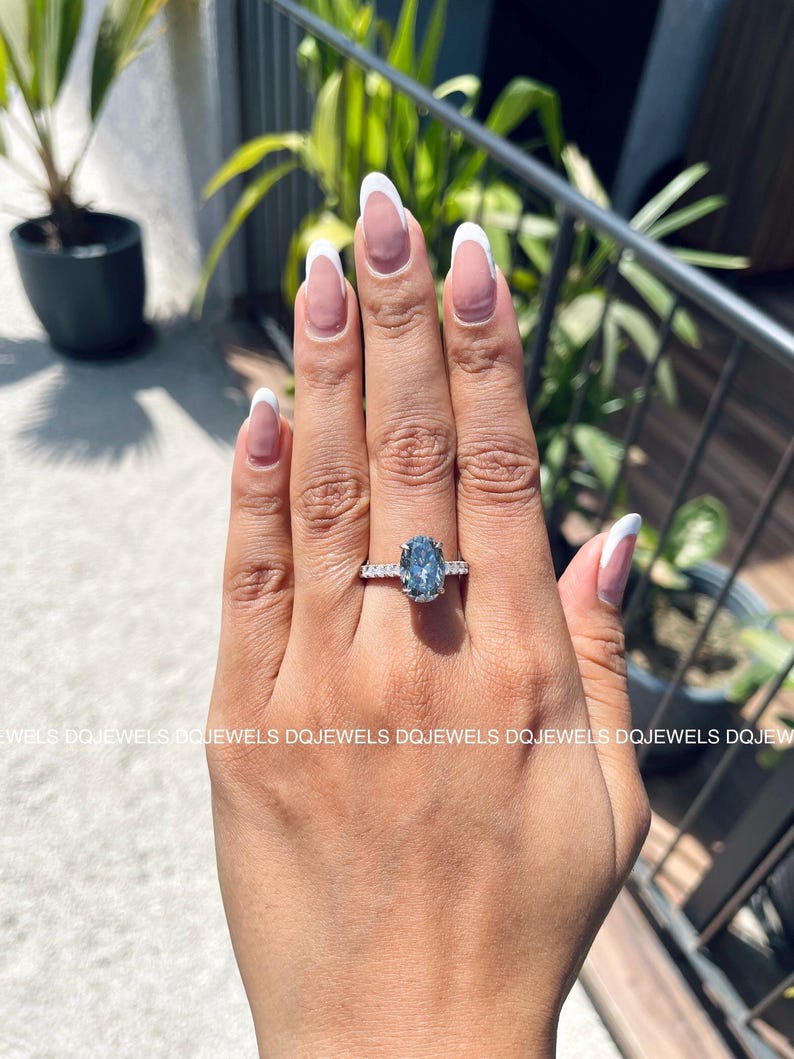 Gray Moissanite Ring 3.5 CT Oval Cut Moissanite Engagement Ring Halo ...