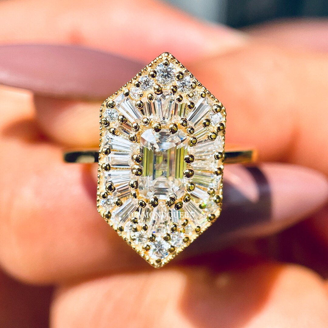Emerald Cut Art Deco Engagement Ring Tapper Baguette Starburst Ring for ...