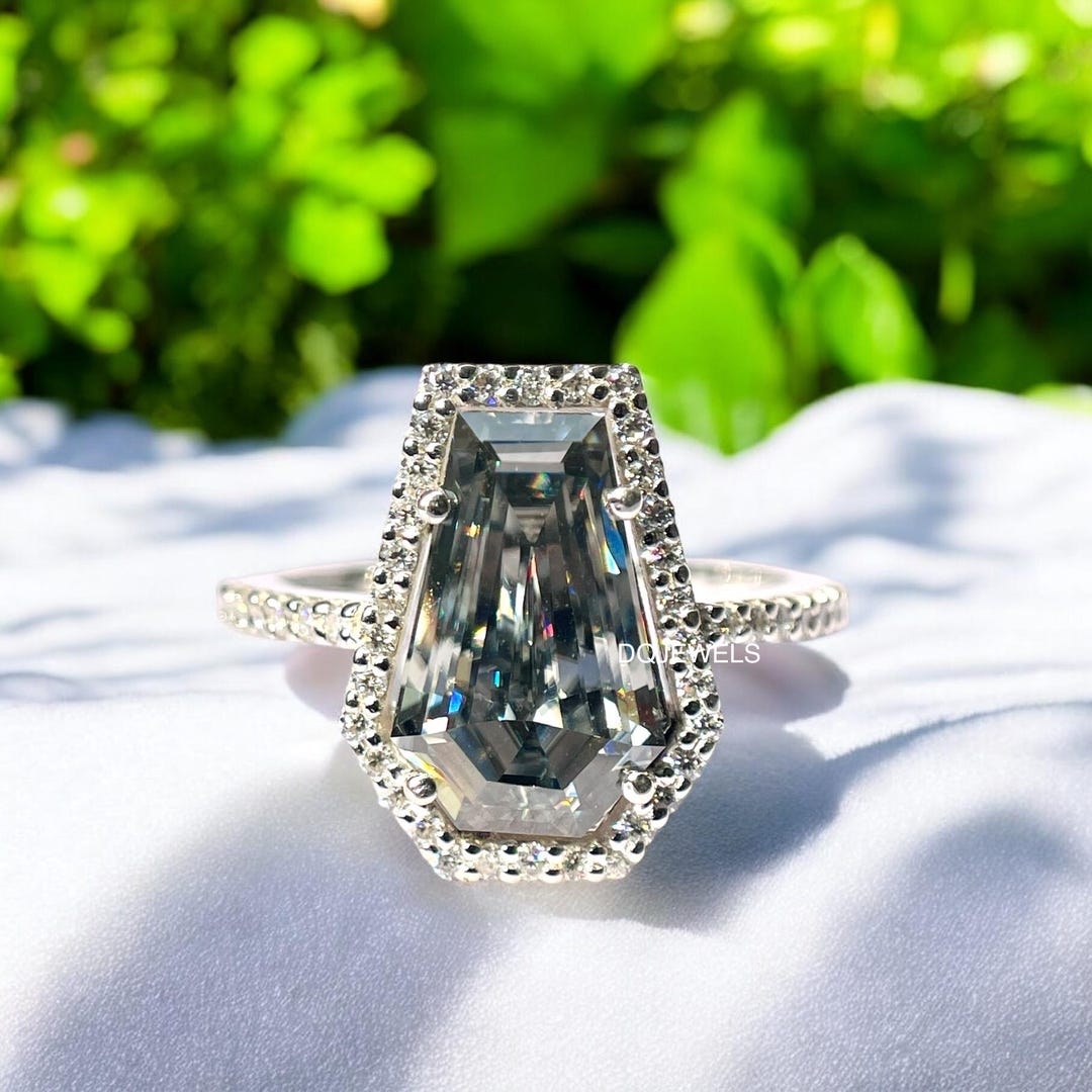 Coffin Cut Gray Moissanite Engagement Ring 10K White Gold Halo Diamond ...