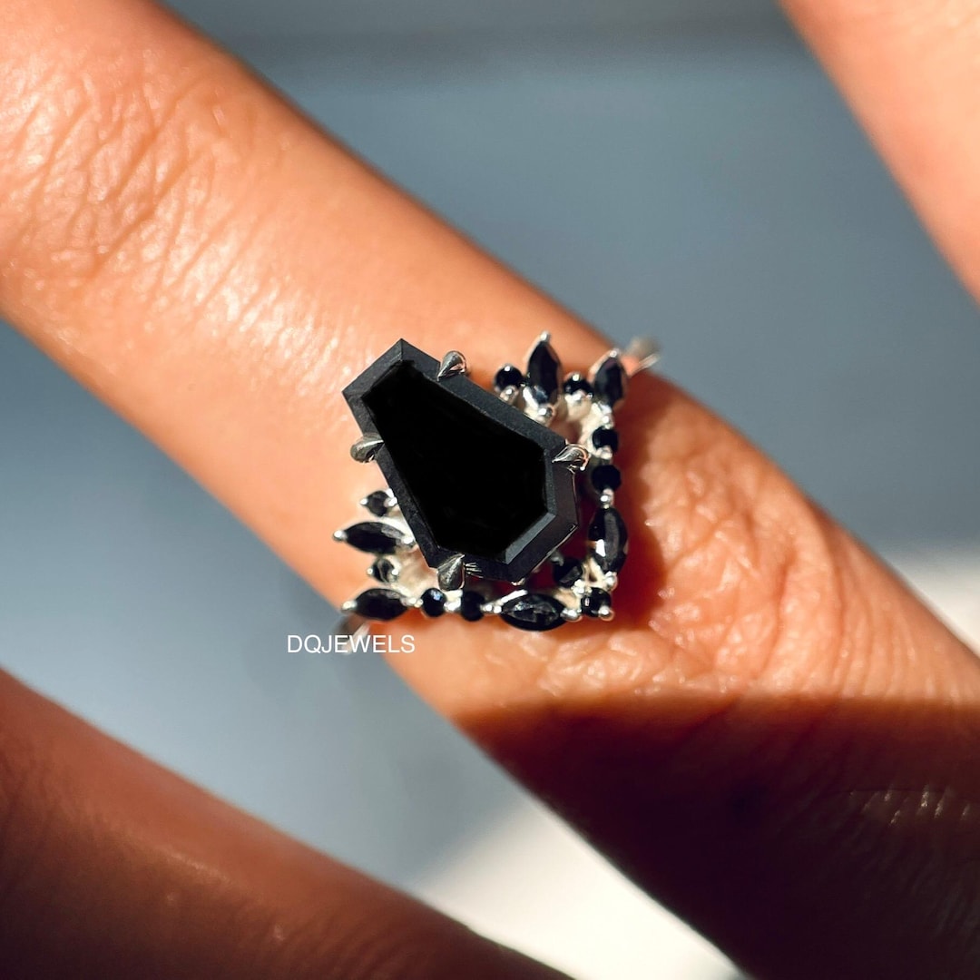 Art Deco Black Diamond Ring Coffin Cut Black Moissanite Engagement Ring ...