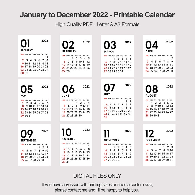 2022 Printable Calendar - High-quality PDF - A3 & Letter Formats - Etsy