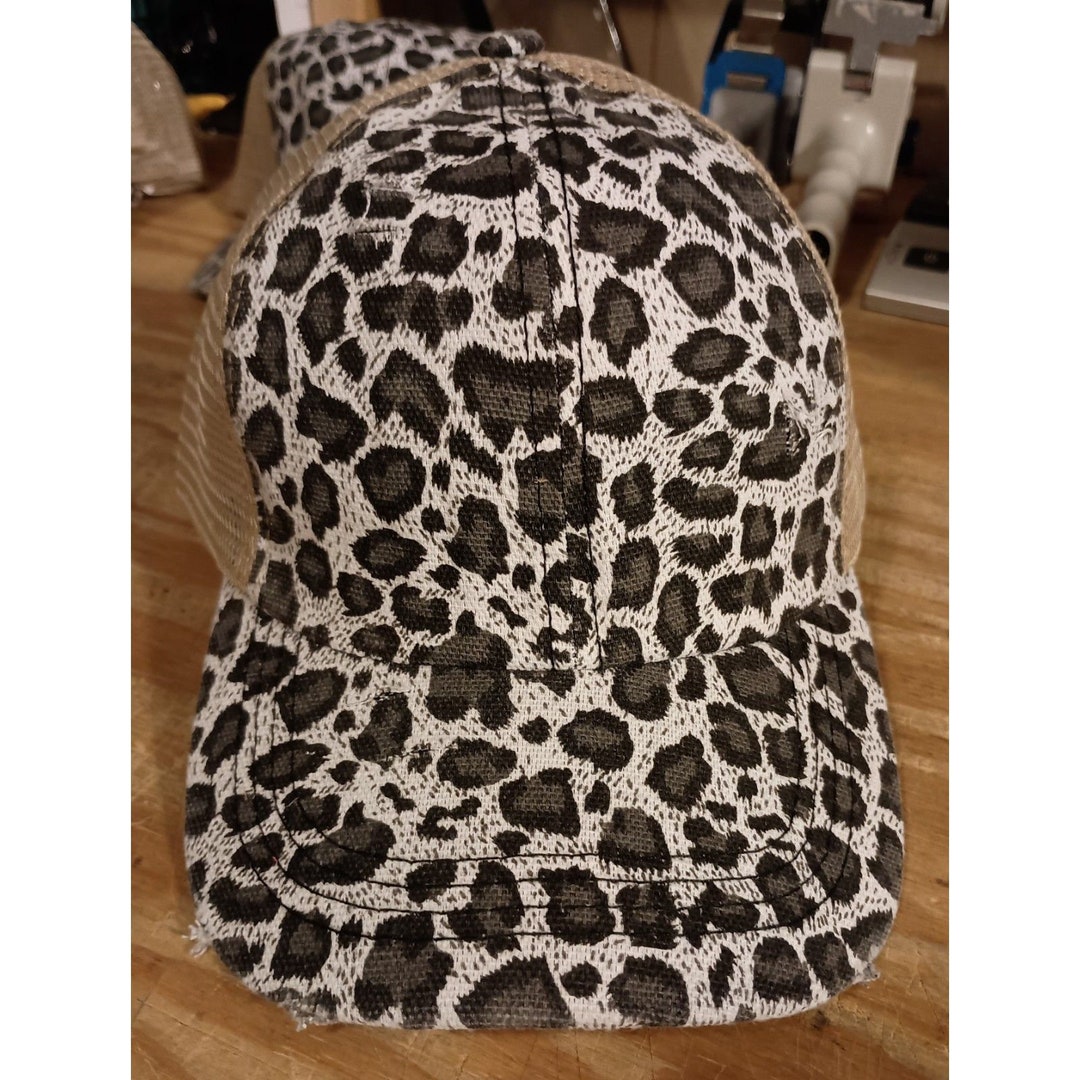 White Cheetah Print Criss Cross Baseball Hat,ponytail Hats, Womens ...