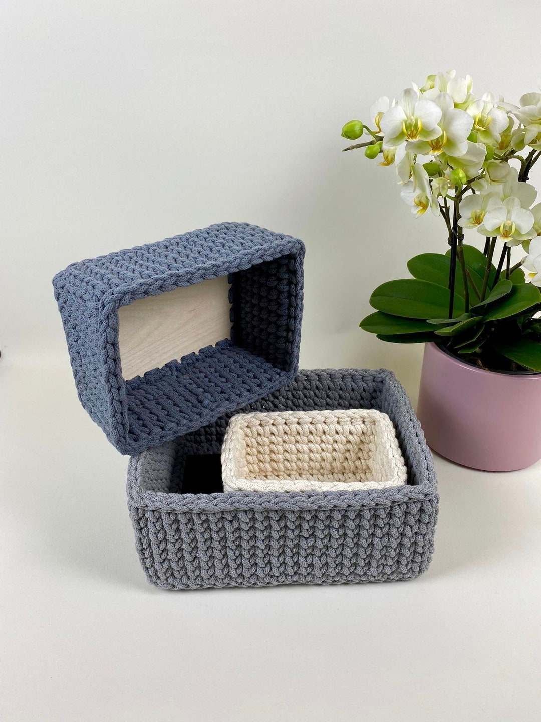 Rectangular Basket/ Crocheted Basket With Wooden Base/ Storage ...