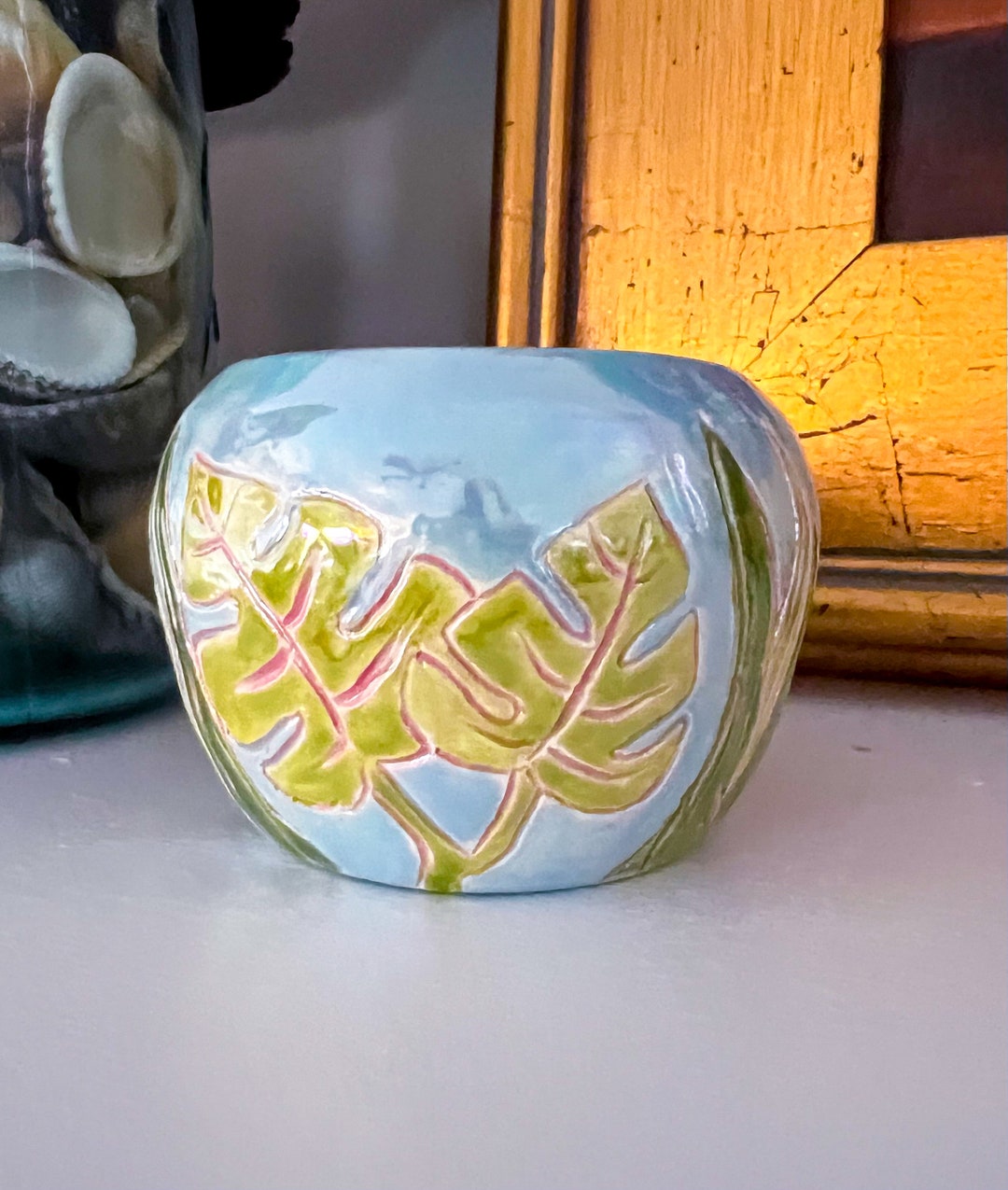 Small Ceramic Glazed Pot- Carved Plant Pottery- Tropical Pottery - Etsy