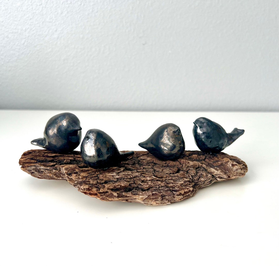 Ceramic Bird Sculpture, 4 Bird Sculpture- Metallic Birds on Driftwood ...