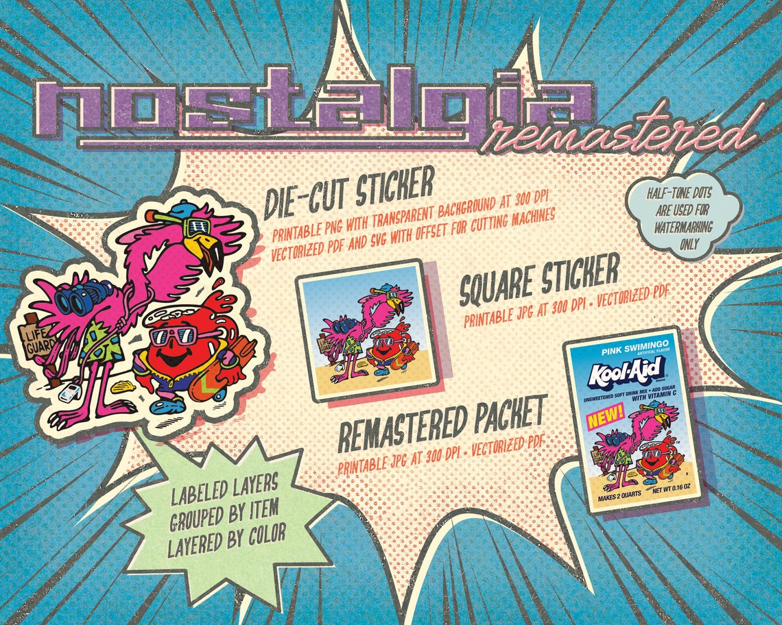 Retro 1980s Kool-aid Pink Swimmingo Flammingo Surf Graphic Illustration ...