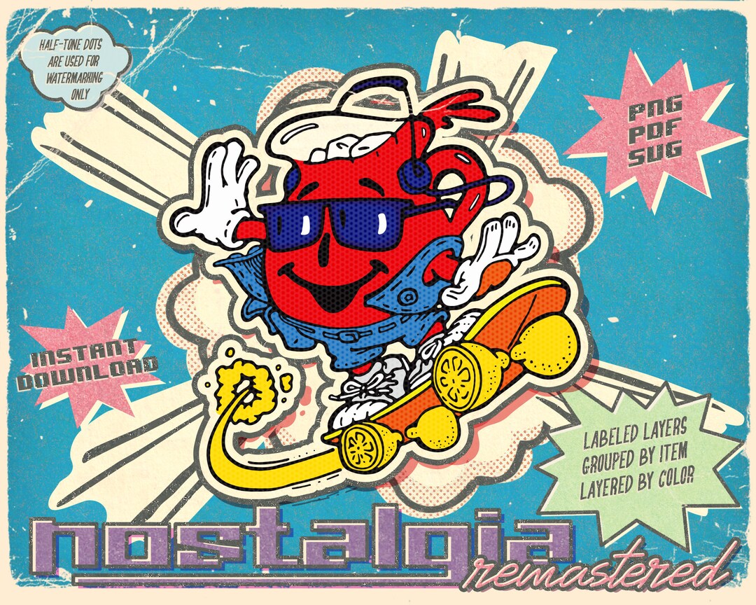 Retro 1980s Kool-aid Lemonade Skater Skateboard Graphic Illustration ...