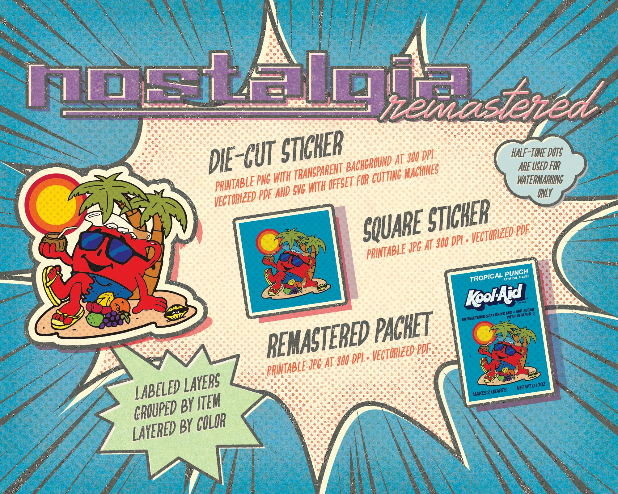 Retro 1980s Kool-aid Tropical Punch Beach Island Graphic Illustration ...