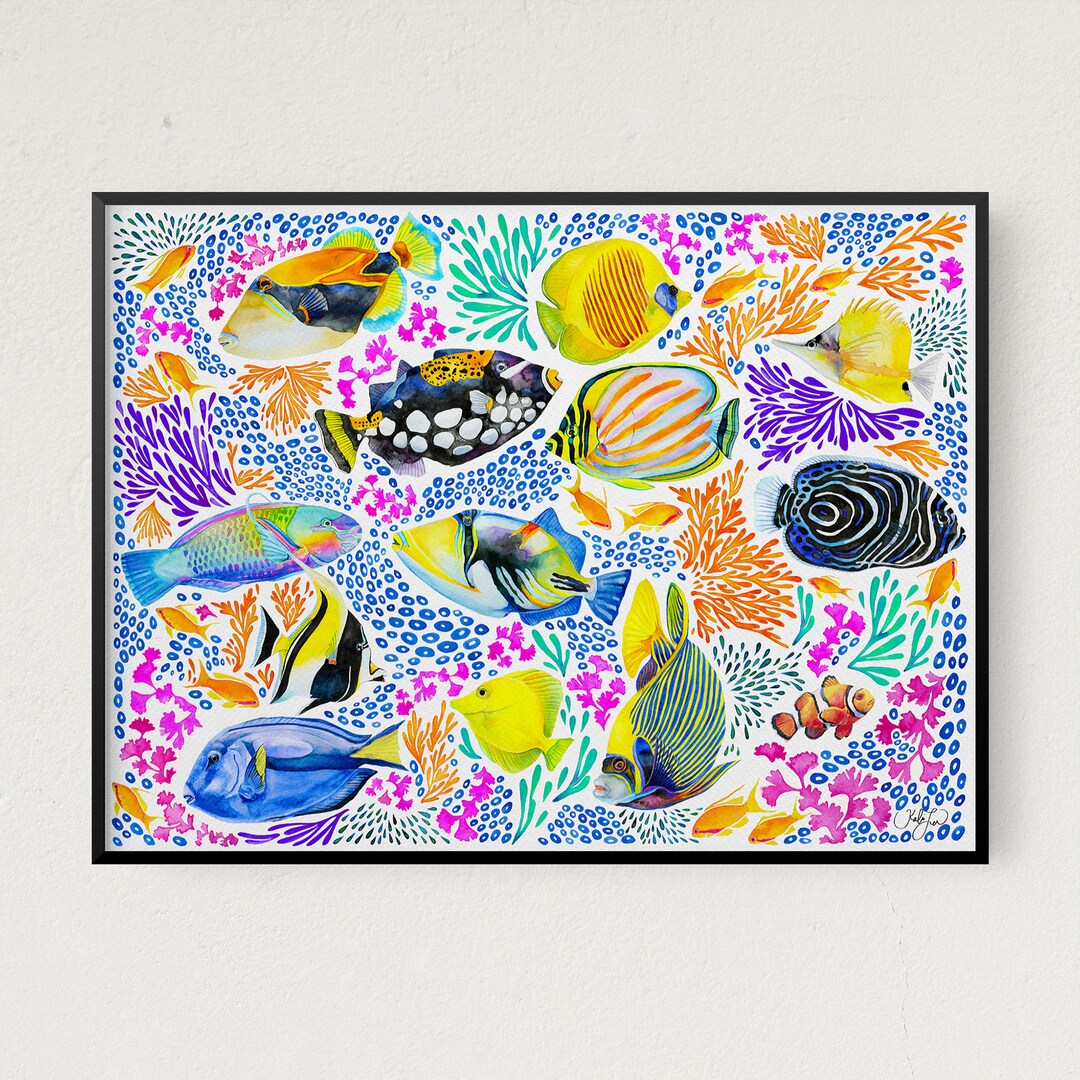 Colorful Tropical Fish Art Print, Coral Reef Watercolor Painting, Under ...