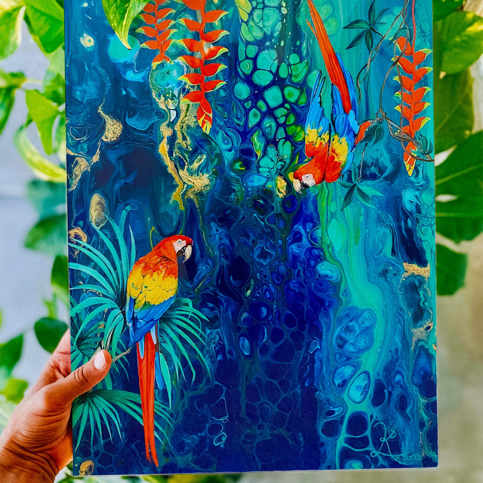 Parrot Macaw Art, Scarlet Macaw Parrot Wall Art, Original Acrylic Fluid ...