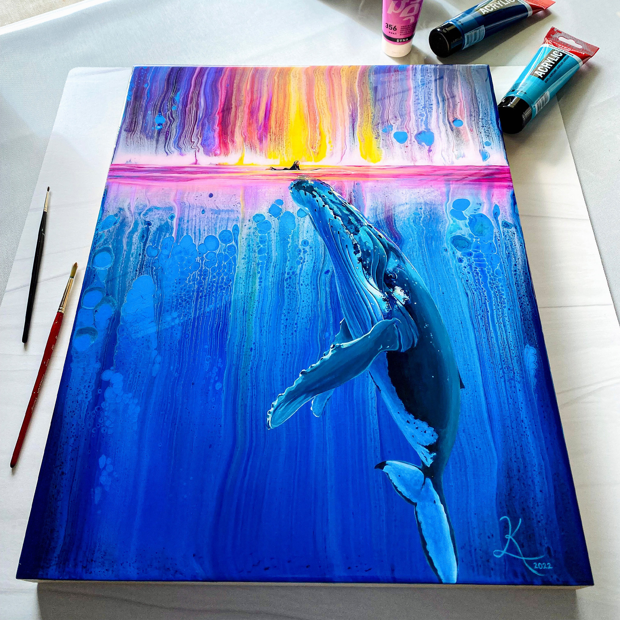 Humpback Whale Ocean Painting, Whale Acrylic Painting, Surf Art, Whale ...