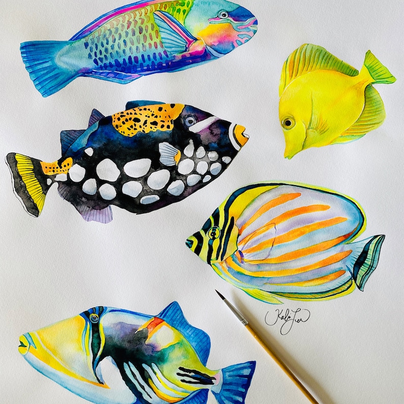 Colorful Tropical Fish Art Print, Coral Reef Watercolor Painting, Under ...