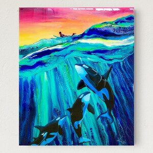 Whale Surf Painting, Orca Whale Art, Acrylic Art, Fluid Art, Sunset ...
