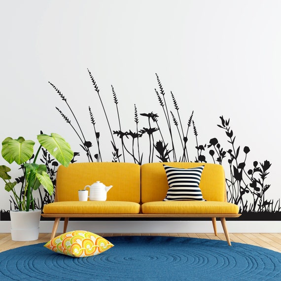 Grass and Flowers Wall Decal Vinyl Decal Flowers Wall Decal | Etsy