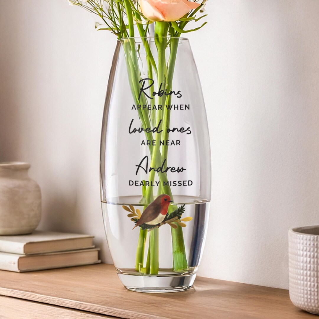Personalised Robins Appear Glass Vase Memorial Gift for Loved One or ...