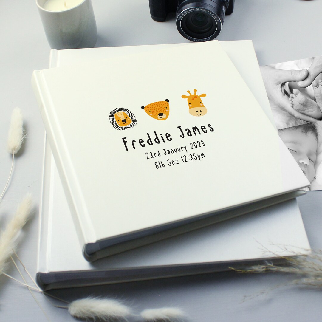 Personalised Scandi Safari Animals Square Photo Album - Perfect Newborn ...
