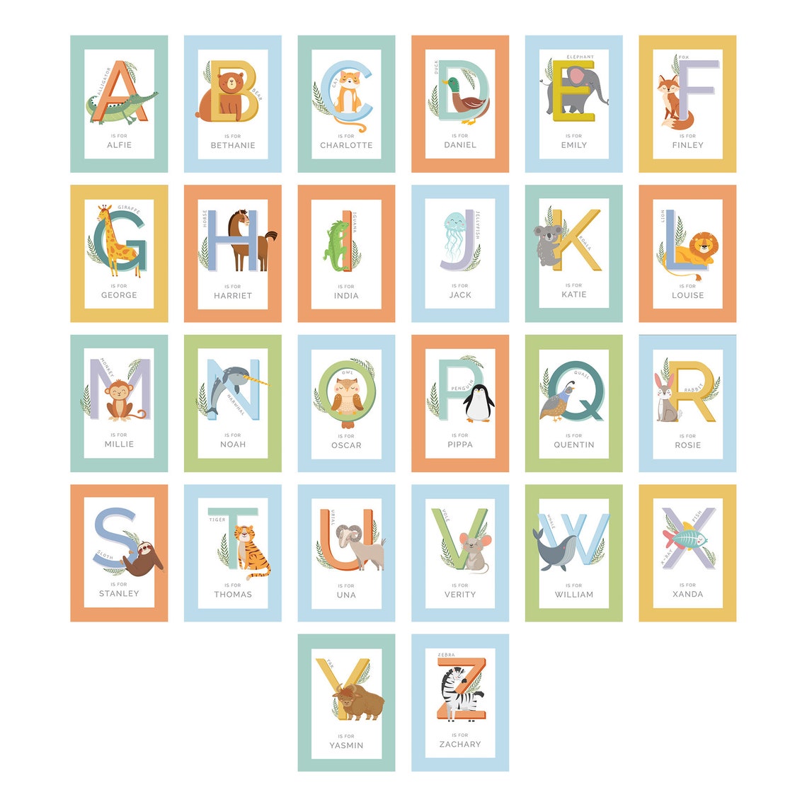 Personalised Animal Alphabet A3 White Framed Print - Perfect Baby ...