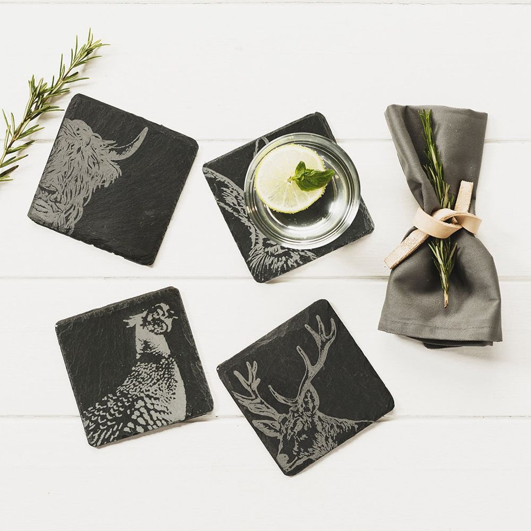 Set of Four Hand-crafted Country Animals Slate Coasters - Engraved ...