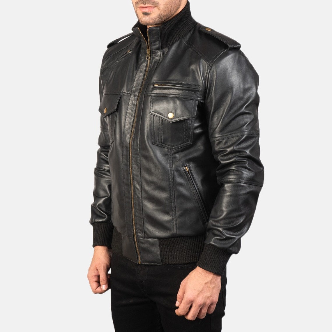 Agent Shadow Black Leather Bomber Jacket - Etsy
