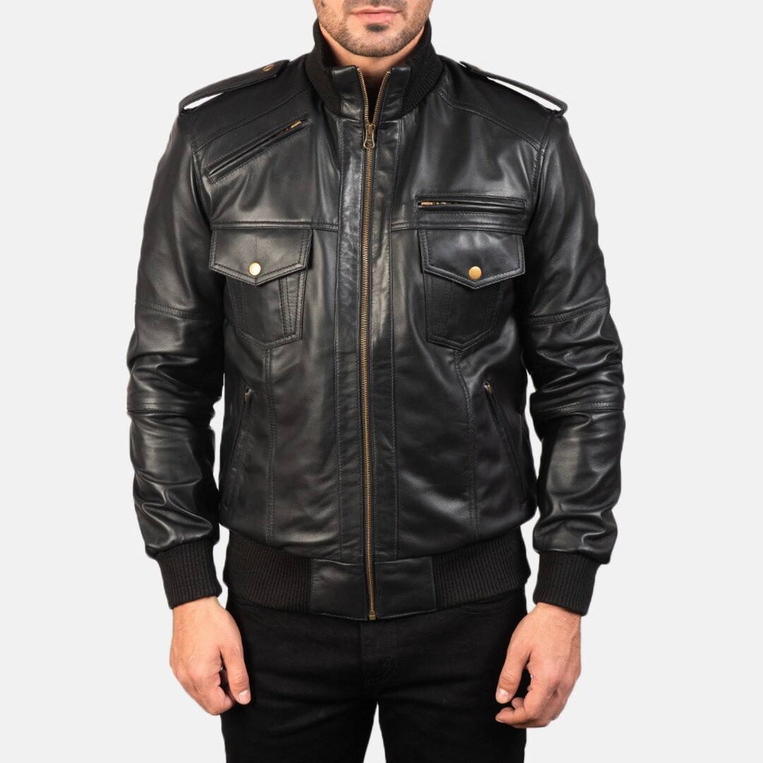 Agent Shadow Black Leather Bomber Jacket - Etsy