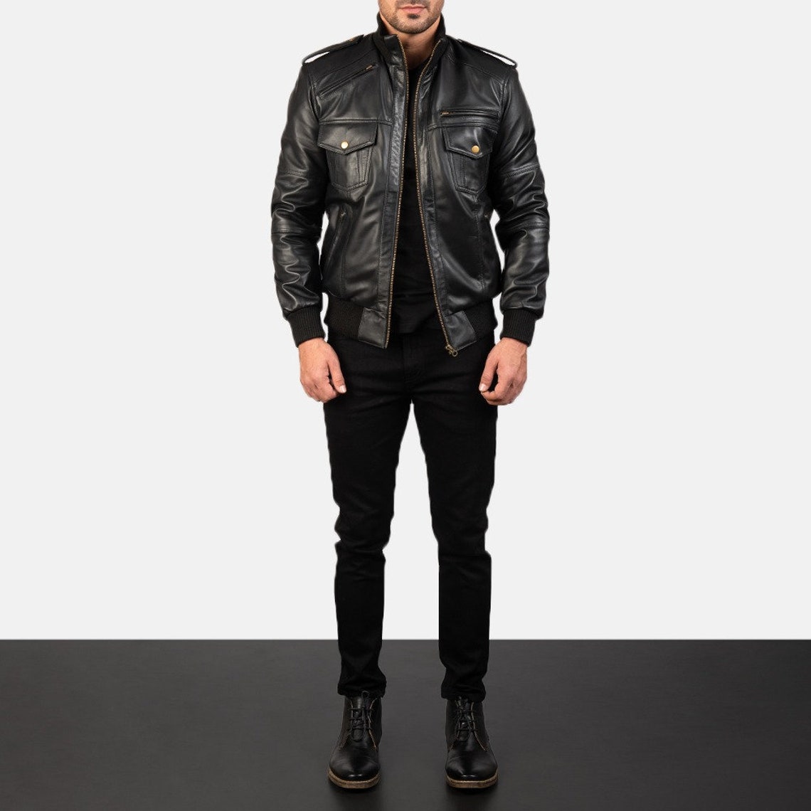 Agent Shadow Black Leather Bomber Jacket - Etsy