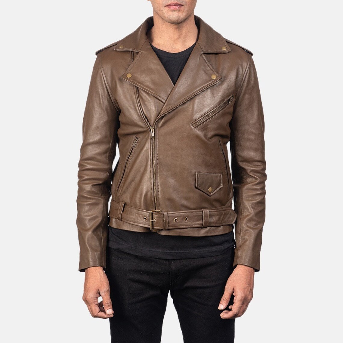 Allaric Alley Mocha Leather Biker Jacket - Etsy